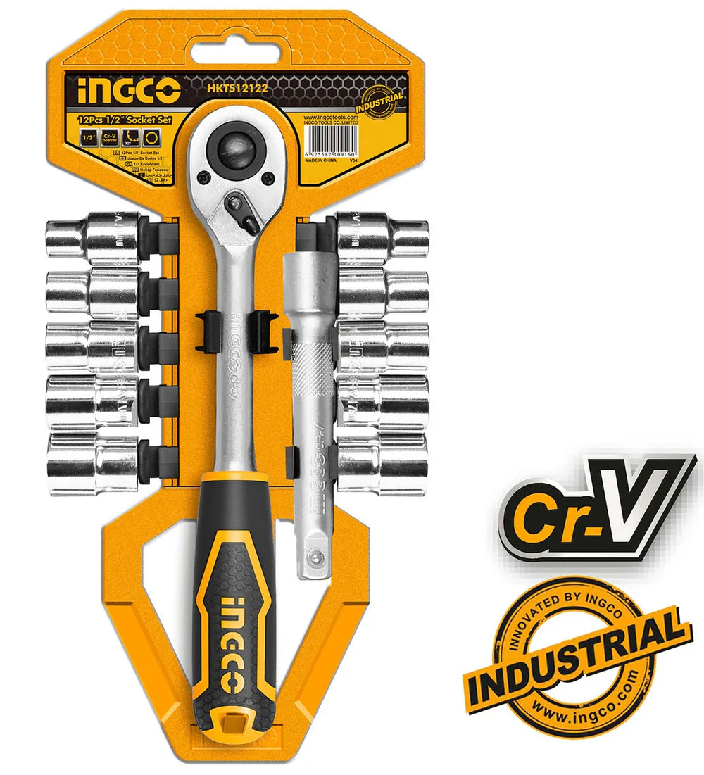 Ingco 12 Pcs 1/2 inch Socket Set HKTS12122 CrV Ratchet Tool | Marvisons