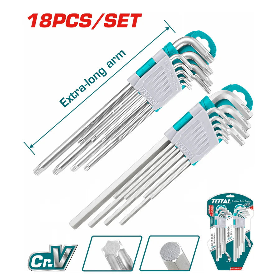 TOTAL THT106KT0181 18pcs Hex Allen Key & Torx Star L-Key Set Cr-V Extra ...